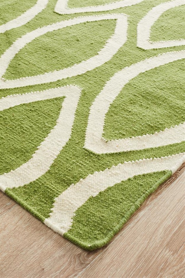 Buy Medium Green Handmade Wool Geo Flatwoven Runner Rug - 300X80cm ...