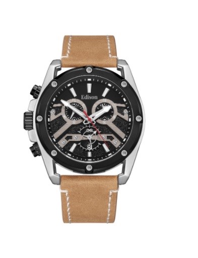 Men’S Edison Chronograph Watch, Silver Case, Brown Leather Strap ...