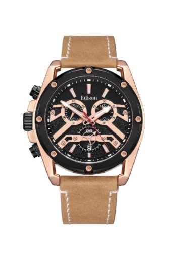 Men’S Edison Chronograph Watch, Rose Gold Case, Brown Leather Strap ...