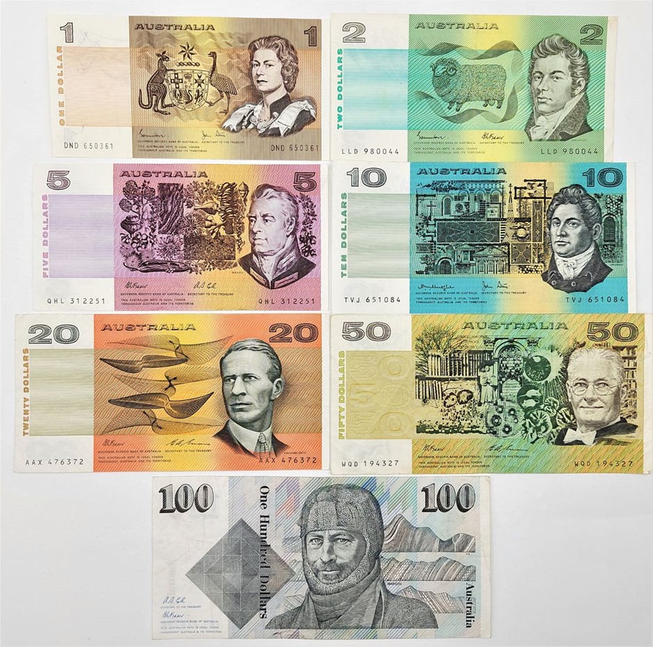 Set of Australia Decimal Paper Banknotes- $1, $2, $5, $10, 20, 50 & 100 ...