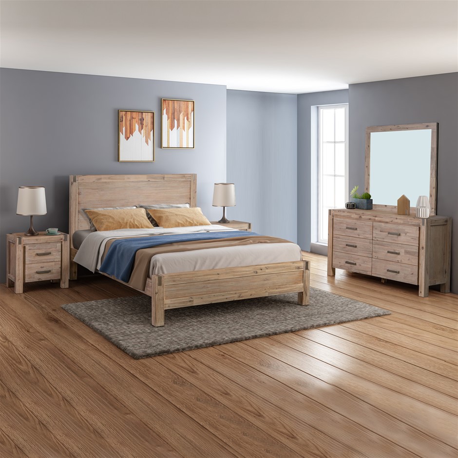 Buy 4 Pcs Bedroom Suite in Acacia Timber Slat Queen Oak Bed, Table ...