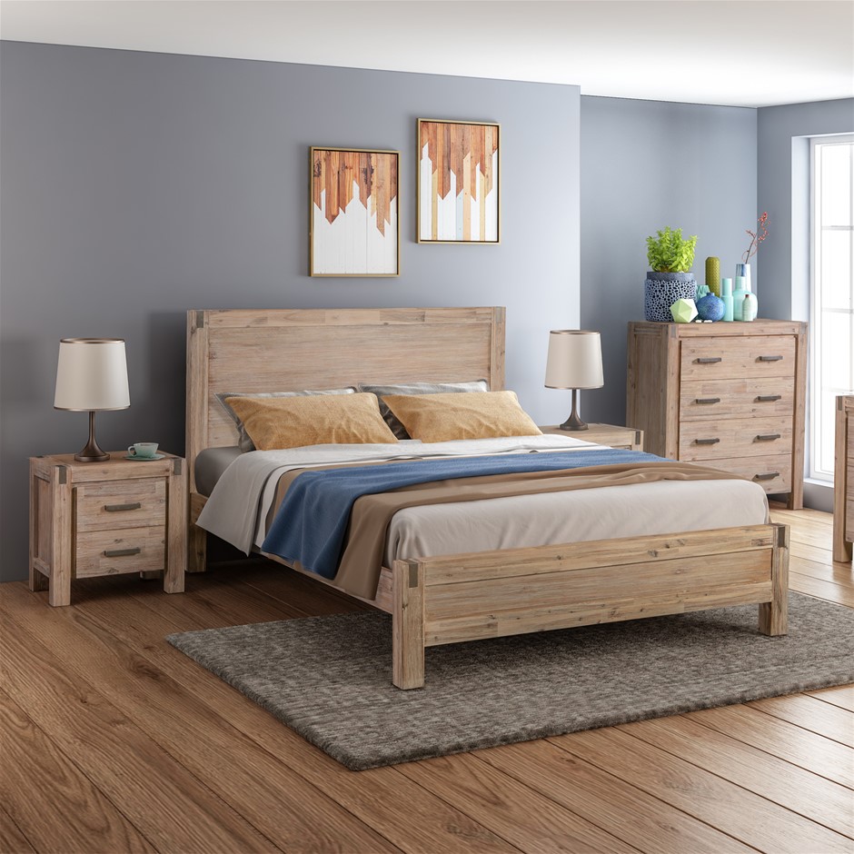 Buy 4 Pcs Bedroom Suite in Acacia Timber Slat Queen Oak Bed, Table ...
