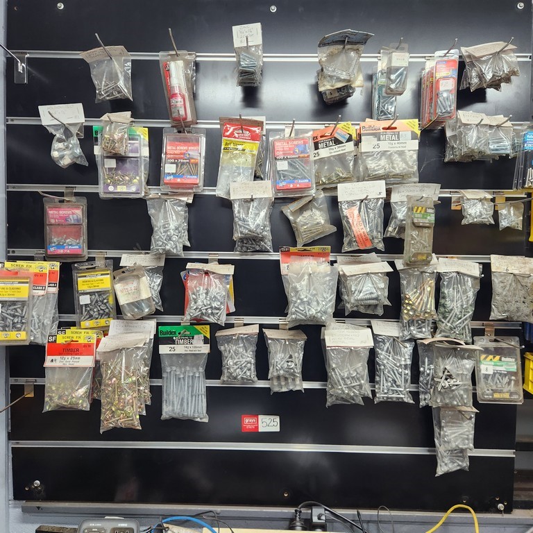 Display peg board - variouse builders screws, roof screews, nuts and ...