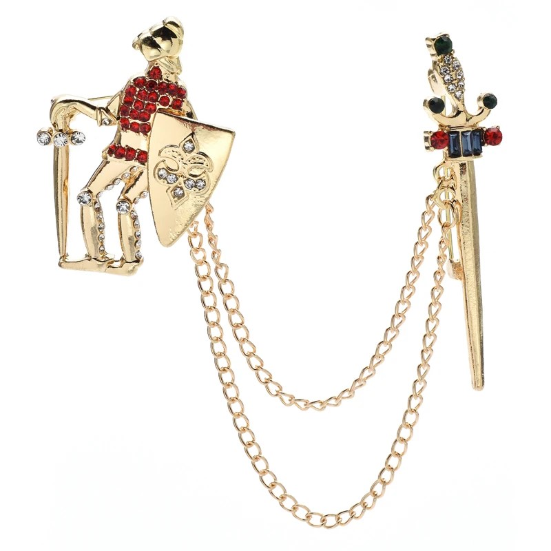 Designer Stimulated Diamond Gold and Red Knight And Sword Chain Brooch ...