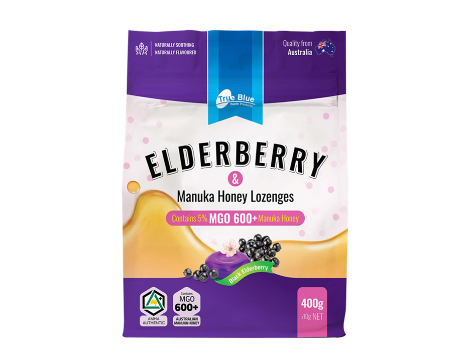 2 x TRUE BLUE Elderberry & Manuka Honey Lozenges, 400g. N.B: damaged ...