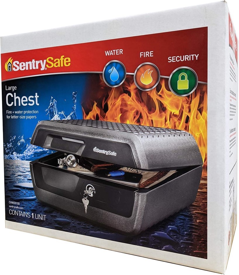 SENTRY SAFE 10.2L Medium Keyed Fire Water Chest, CHW30100. Auction ...