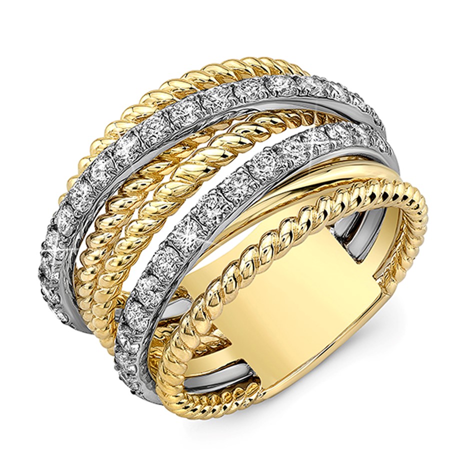 Simulated Diamond 2 Tone Statement Crossover Ring in Gold & Silver Auction (0057-2554297 ...