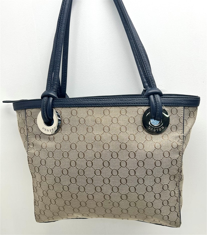 Oroton Navy Leather & Canvas Tote Bag, double rolled top handles ...