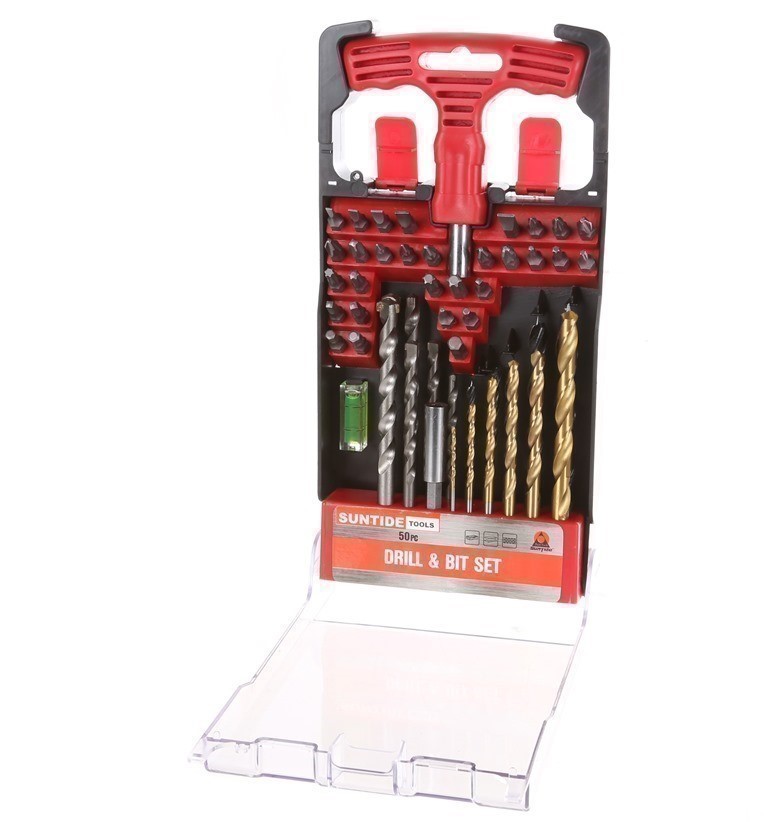 50pc Drill & Bit Set c/w Hand Screwdriver, Mini Level, Bit Holder ...