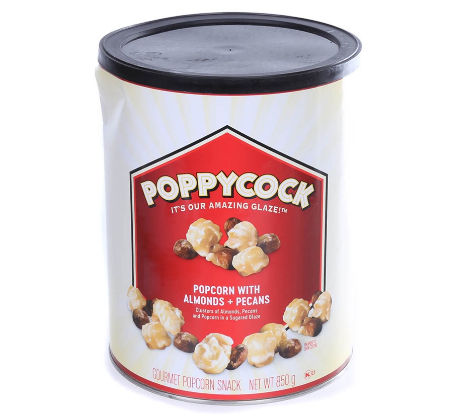 2 x POPPYCOCK Popcorn w/ Almonds + Pecans, 850g NB: Dented cans. Best ...