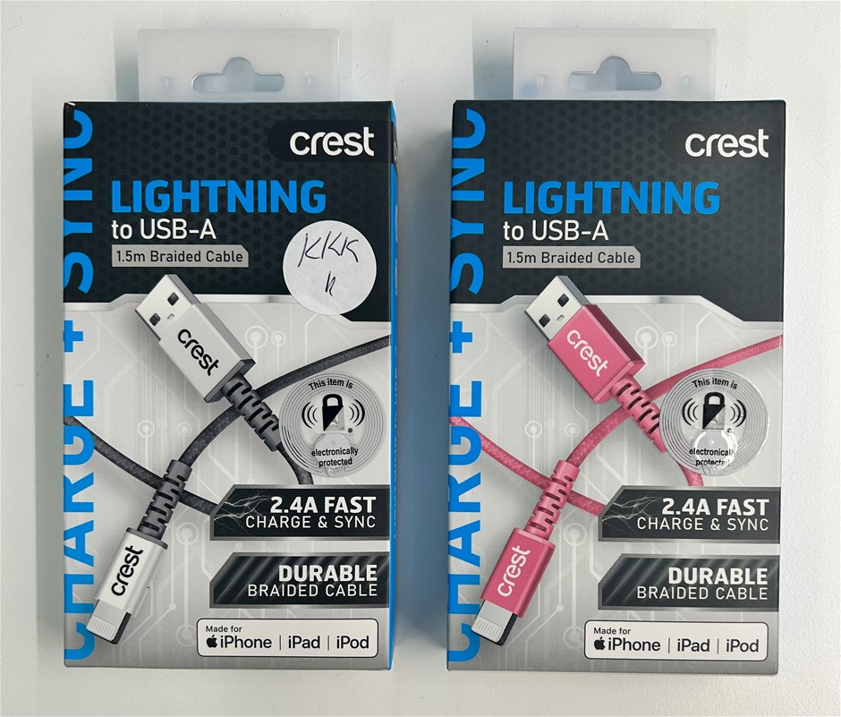 2x Crest Lightning to USB-A Durable 1.5m Braided Cable Auction (0108 ...