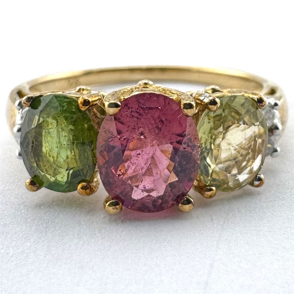 9CT YELLOW GOLD, 0.12CT DIAMOND & 2.80CT TOURMALINE & BERYL RING ...