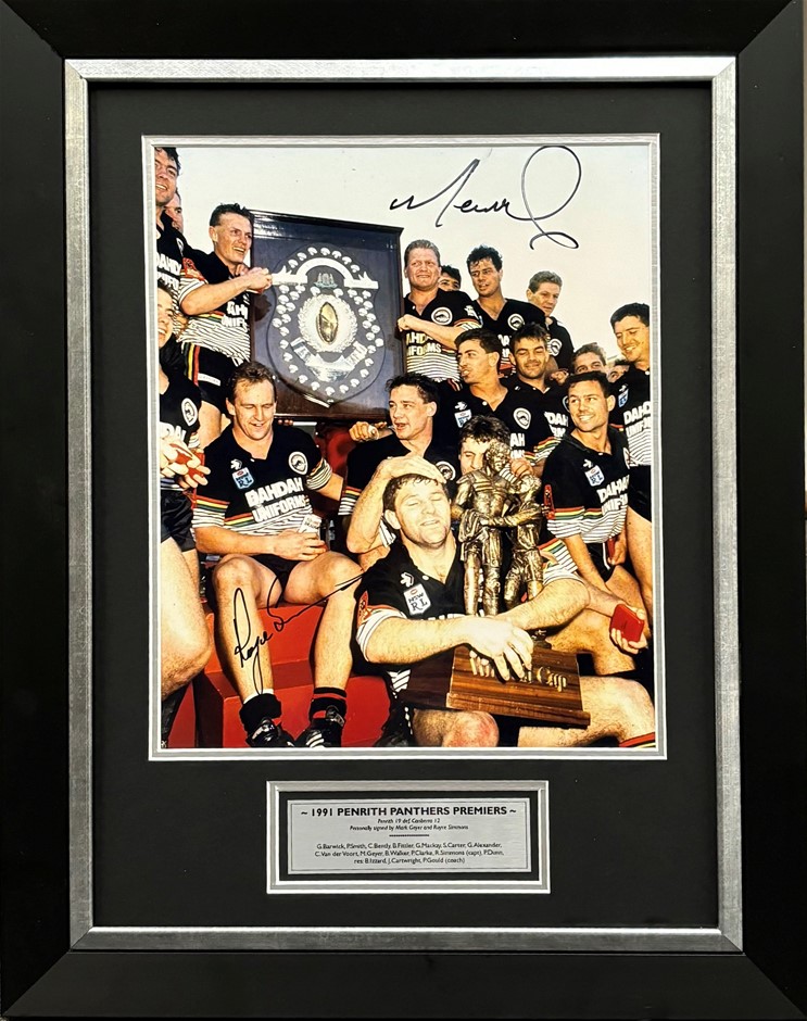 1991 PENRITH PANTHERS CELEBRATION PHOTO SIGNED BY SIMMONS AND GEYER ...