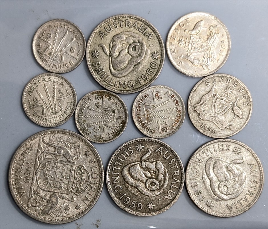 Ten old Australia Silver coin lot - Shilling Florin 3P 6P Auction (0006 ...