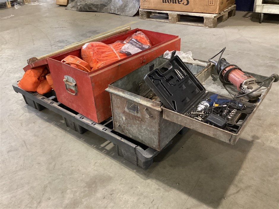 2 x Tool Boxes With Contents, Soft Slings, Angle Grinder And More ...