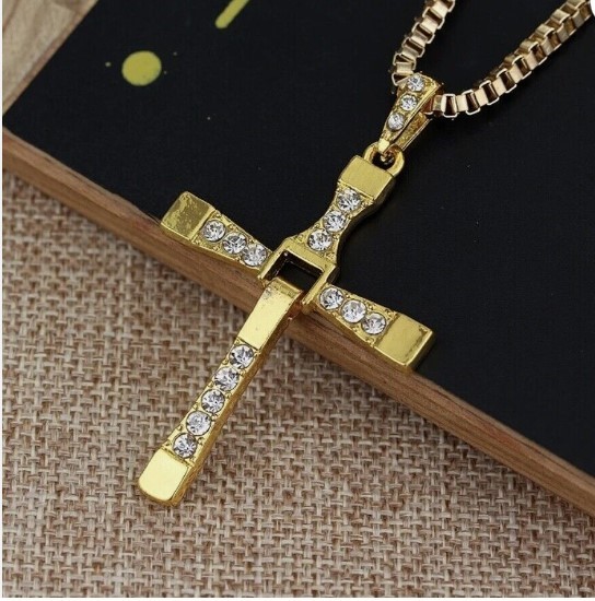 Diesel Cross Pendant In 18K Yellow Gold Filled with Simulated Diamonds ...