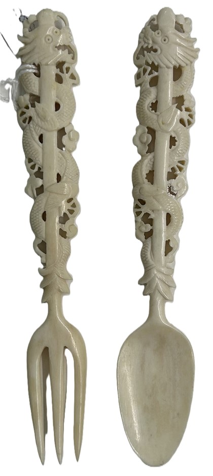 Hand carved Bone Dragon Fork & Spoon Set Auction (0002-2562224) | Grays ...