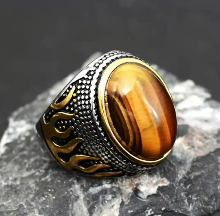 925 (Stamped) Large Middle East Arabic Style Stone Tiger Eye Gem Flame ...