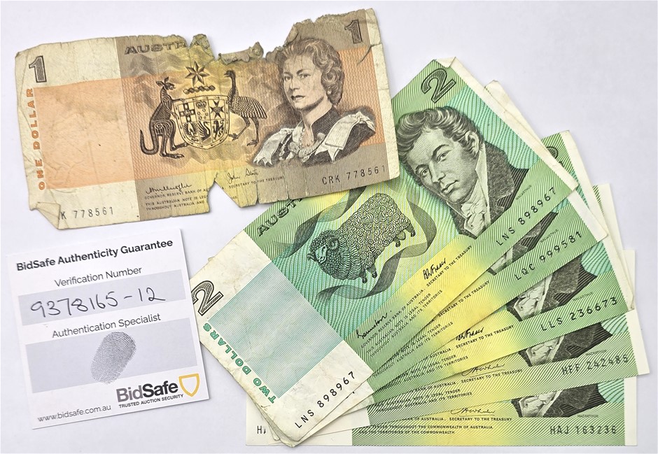 FIVE 1974-1985 AUSTRALIAN $2 BANKNOTES & ONE 1979 AUSTRALIAN $1 ...