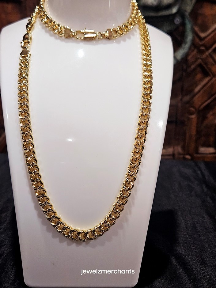 Set 18k Yellow Gold Filled Cuban Chain & Bracelet with stamped(18K ...