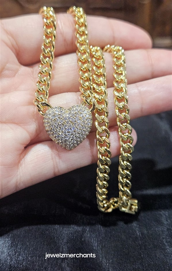 18k Yellow Gold Filled Cuban Chain with Heart Pendant stamped(18K)-50cm ...