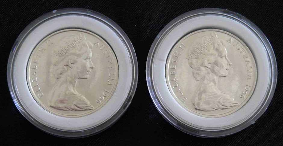 2x 1966 Uncirculated 50c. Round Silver Coins in Capsule. Auction (0030 ...