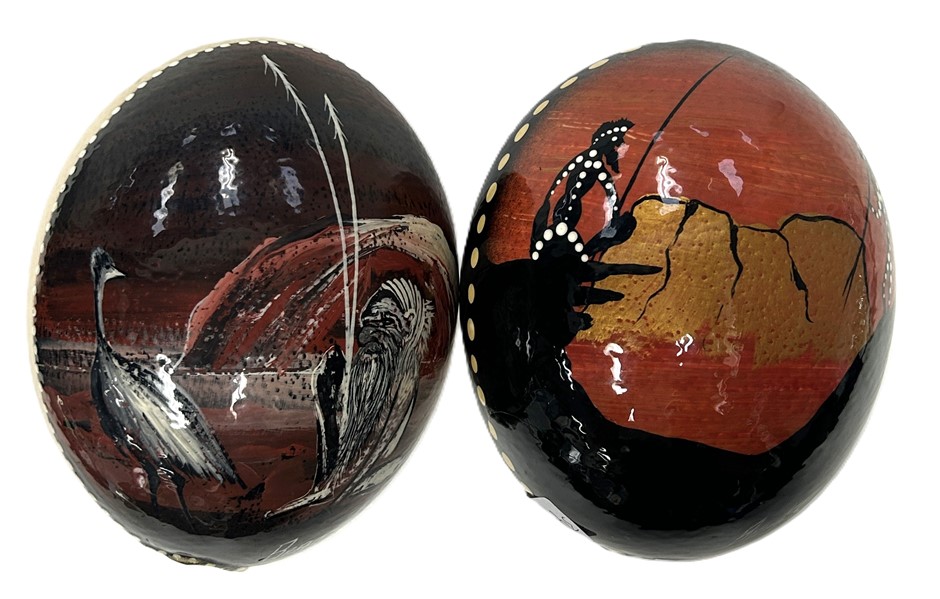 2X Aboriginal Hand Painted Emu Eggs Signed By BEAMO Auction (0100 ...