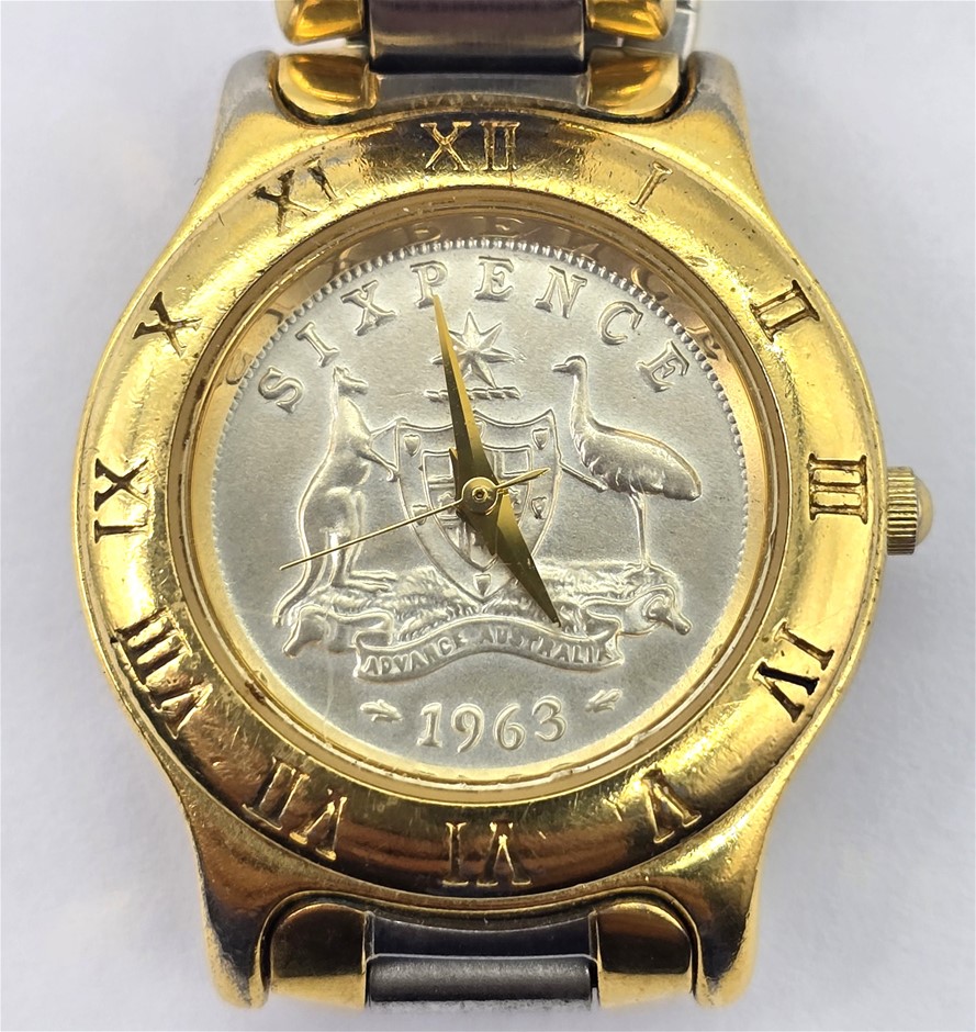 VINTAGE 1963 AUSTRALIAN SIXPENCE COIN STAINLESS STEEL 26MM WATCH ...