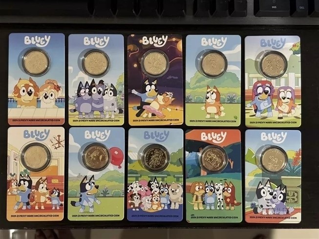 2024 Bluey Coin Card Set Of 10 $1 Bluey Dollar bucks Privy Mark Unci ...