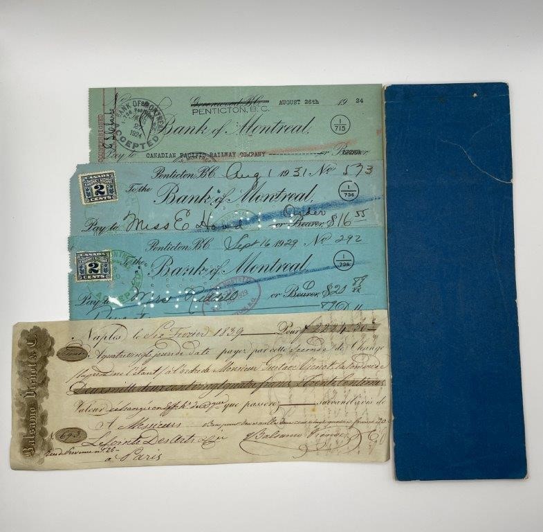 5 x Vintage Cheques & Cheque Book. Incl. N.S.W, Montreal, Canada, Italy ...