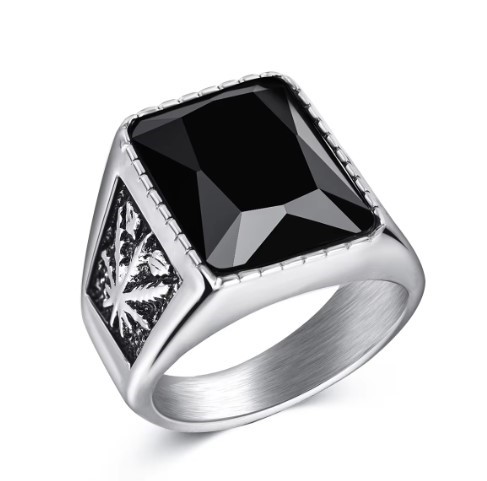 Stylish Men’s Square Bevelled Black Onyx Carved Maple Leaf Band with ...