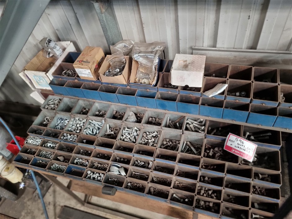 Bench And Contents, Various Types Of Fasteners Hardware Auction (0596 ...
