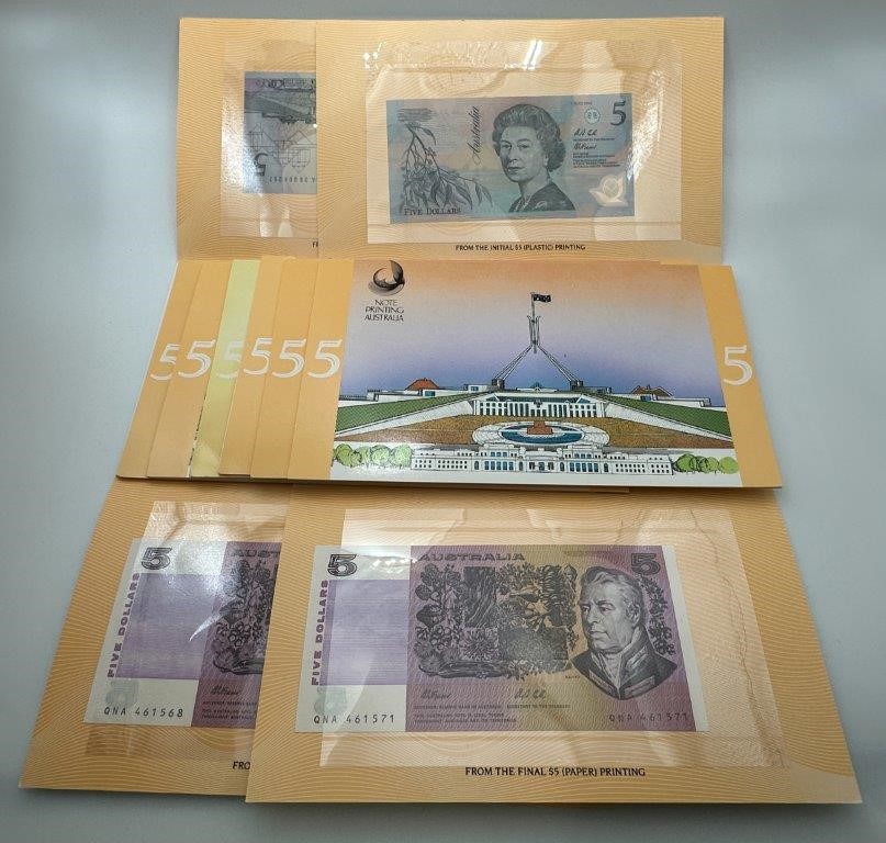 8 x Dual $5 Paper & Polymer Note Pack. Fraser & Cole w/ First & Last ...