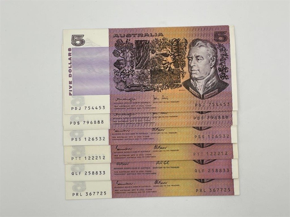 Approx. 22 x Assorted Australian $5 paper banknotes (assorted prefix ...