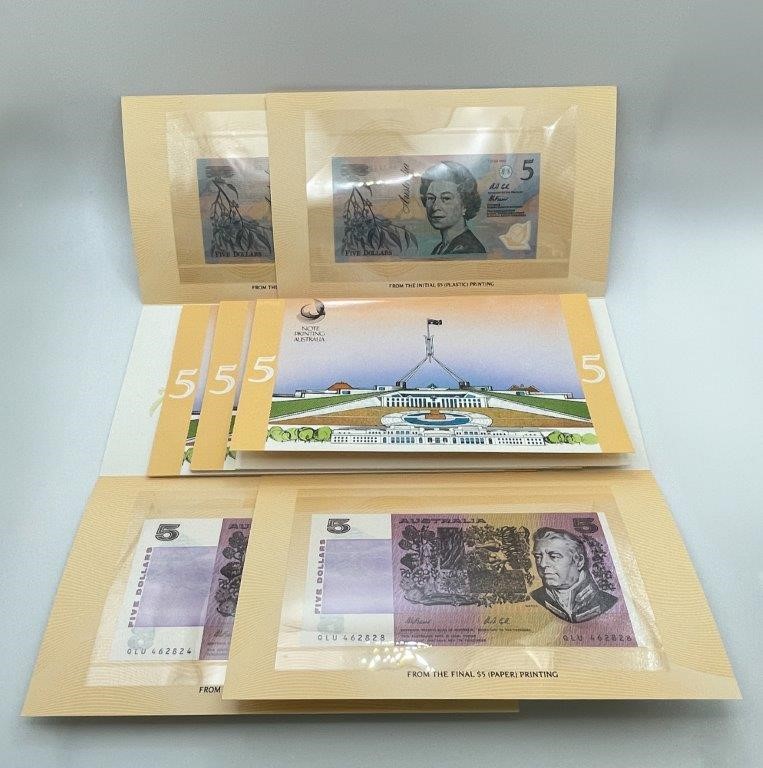 5 x Dual $5 paper & polymer note pack. Fraser & Cole w/ first & last ...