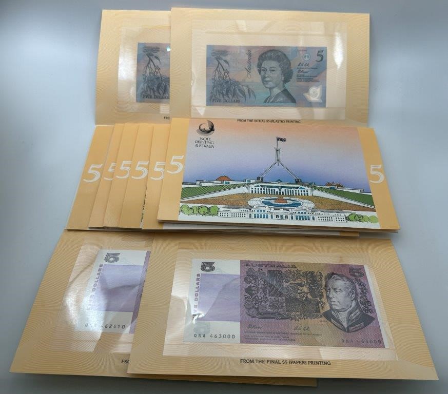 8 x Dual $5 Paper & polymer note Pack. Fraser & Cole w/ first & last ...