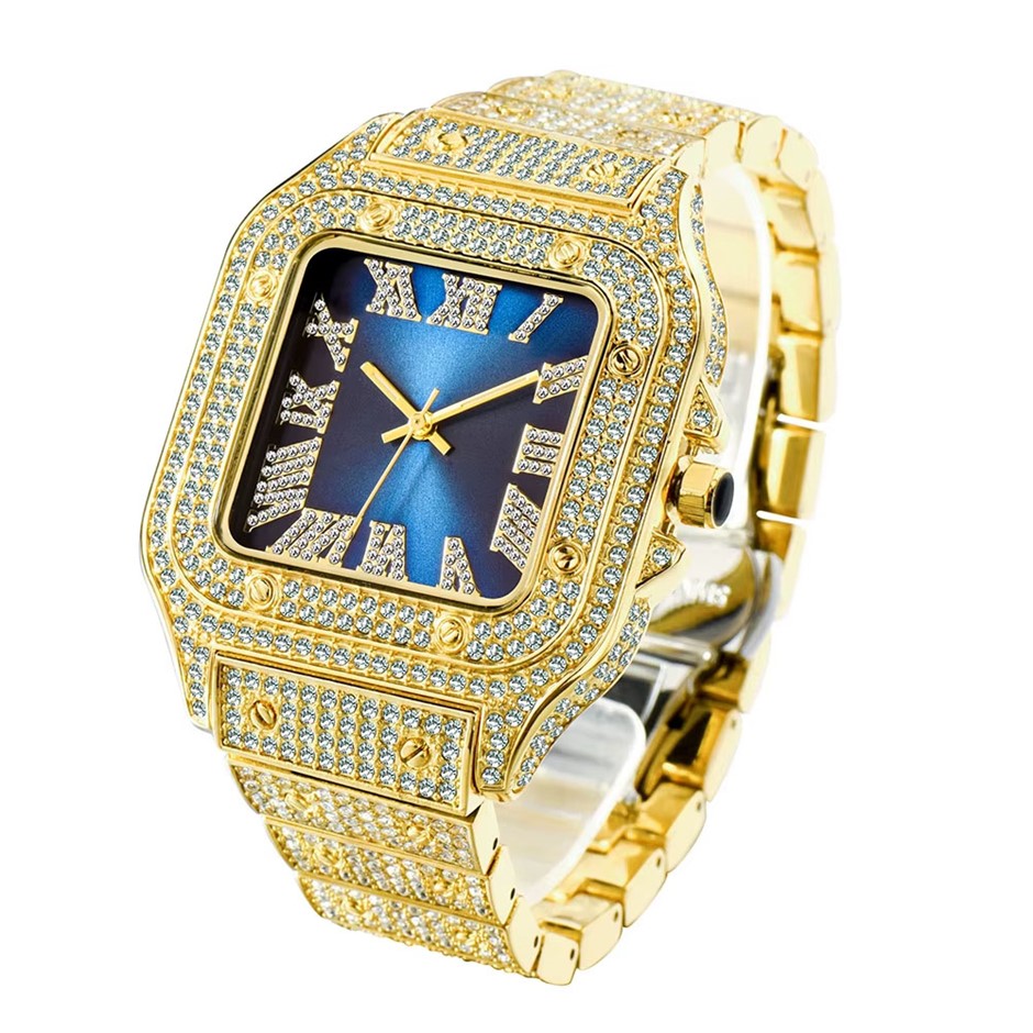 18k Gold Filled, Blue Face Iced Out Diamond Quartz Wrist Watch Auction ...