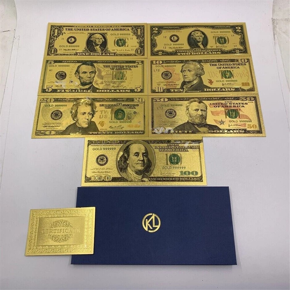 7pc USD 1 2 5 10 20 50 100 Dollar Bill Gold Foil Banknote Auction (0074 ...