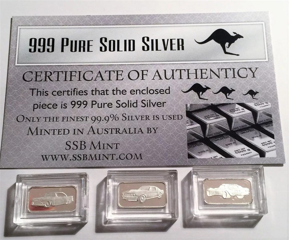 3 x 1g999 Pure Silver Muscle Car Series Bullion Ingots with C.O.A. 3g ...